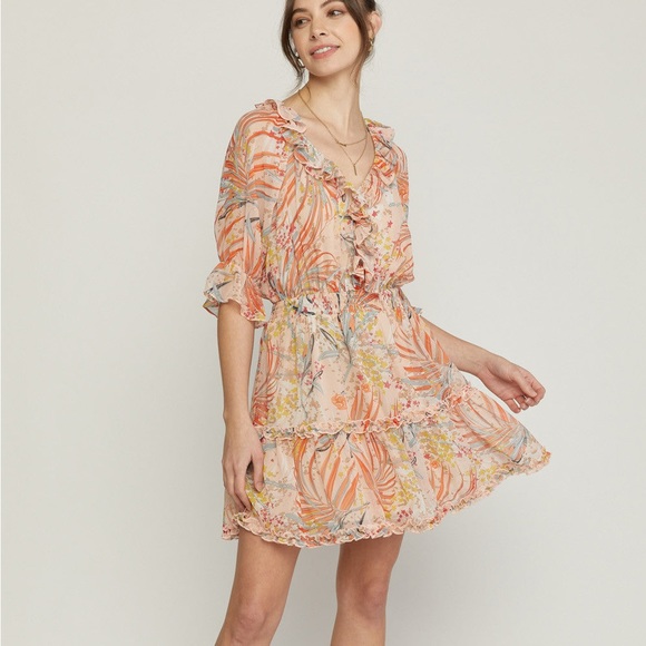 entro | Dresses | Entro Coral Print Dress With Ruffle Detail And ...